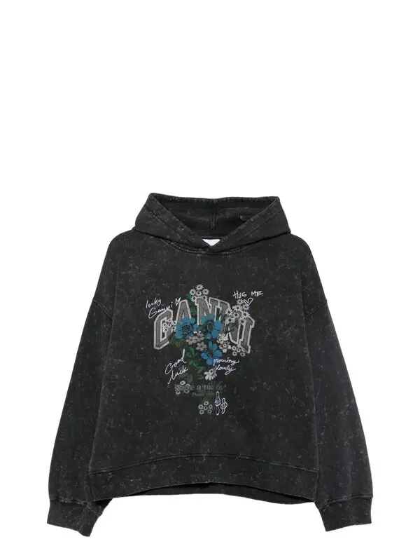 GANNI Graphic Print Acid Wash Hoodie - Grey