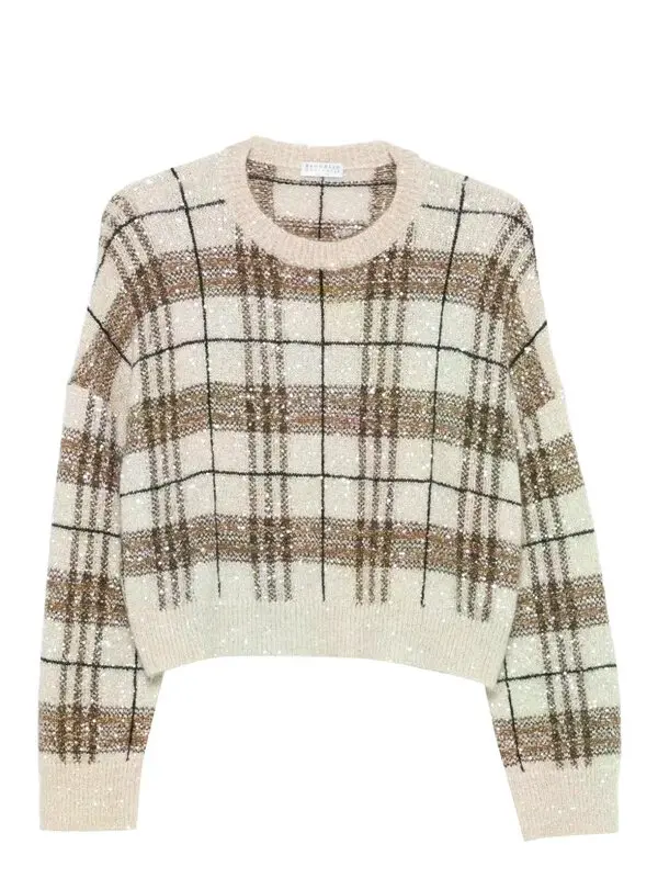 Brunello Cucinelli Plaid Sequin Embellished Sweater - Neutrals