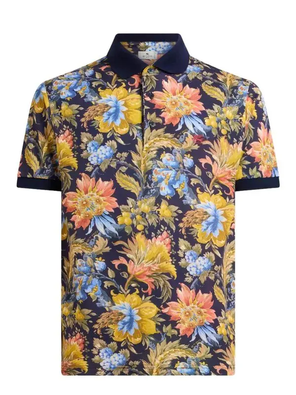 Etro Cotton-pique Polo Shirt With Plain-colour Details And Floral-motif - Blue