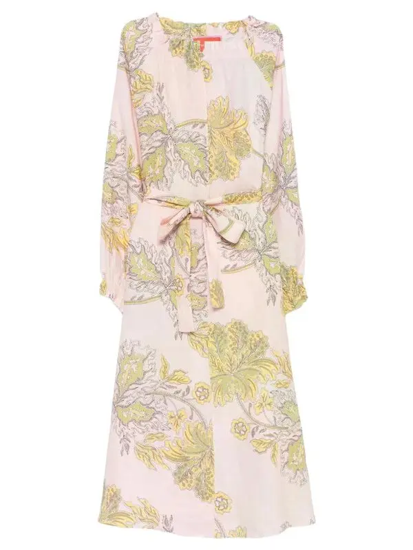 La DoubleJ Floral Print Belted Midi Dress - Pink
