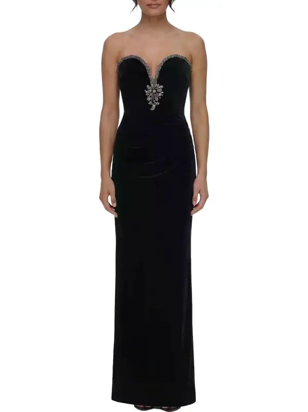 SELF-PORTRAIT Velvet Maxi Dress With Embellished Bodice And Floral Brooch - Black