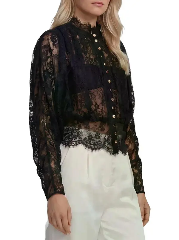 SELF-PORTRAIT Lace High Neck Blouse With Dramatic Sleeves - Black