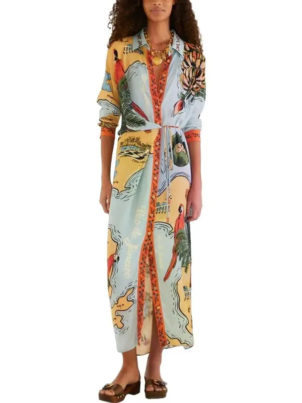 Farm Rio Multicolor Beachs Path Collared Button-front Maxi Dress - Blue