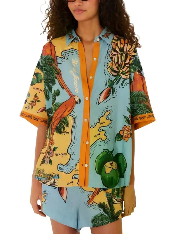 Farm Rio Multicolor Beaches Path Buttoned Shirt - Blue