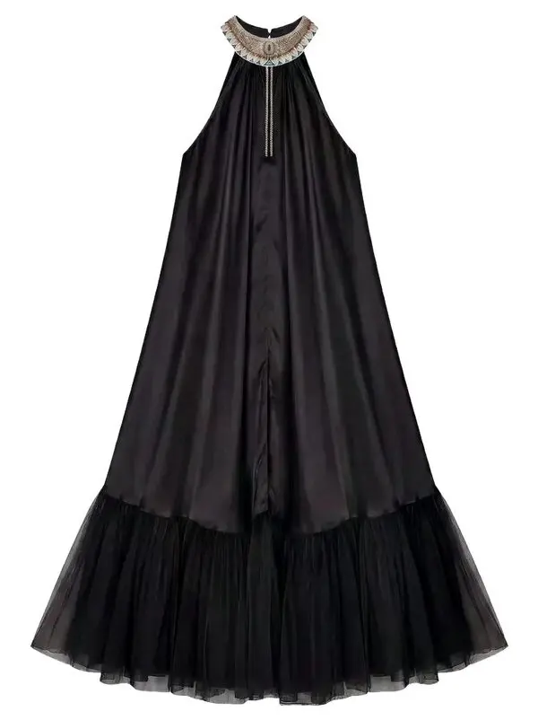 MES DEMOISELLES Embellished Tulle-trim Maxi Dress - Black