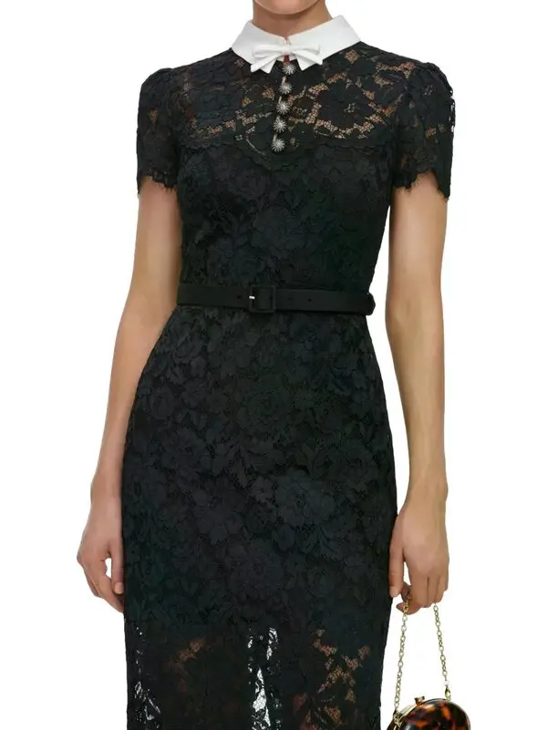 SELF-PORTRAIT Lace Midi Dress With Contrast Collar - Black