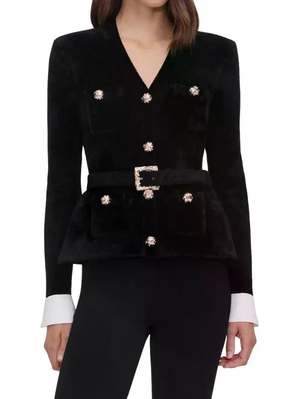 SELF-PORTRAIT Chenille Knit Cardigan With Embellished Buckle Belt - Black
