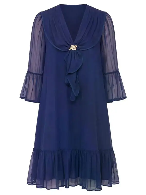 NISSA Silk Midi Dress With Draped V-neckline And Ruffled Hem - Blue