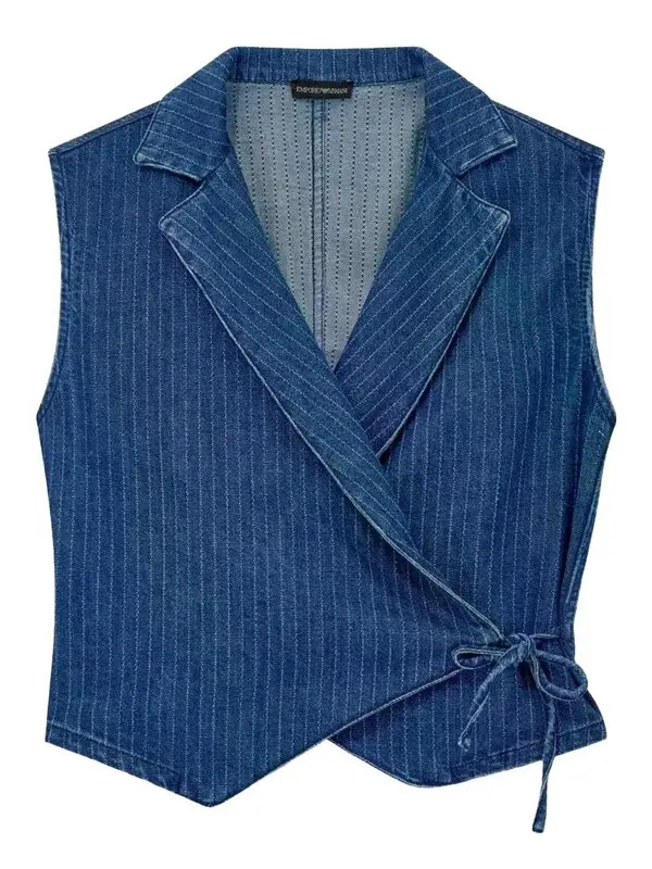 Emporio Armani Pinstriped Denim Wrap Waistcoat With Notched Lapels And Side Tie - Blue