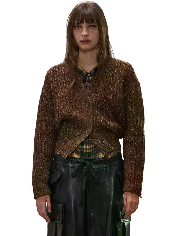 R13 Ribbed Knit V-neck Cardigan - Brown