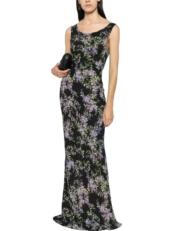 Norma Kamali Floral Print Cowl Neck Sleeveless Maxi Dress - Black