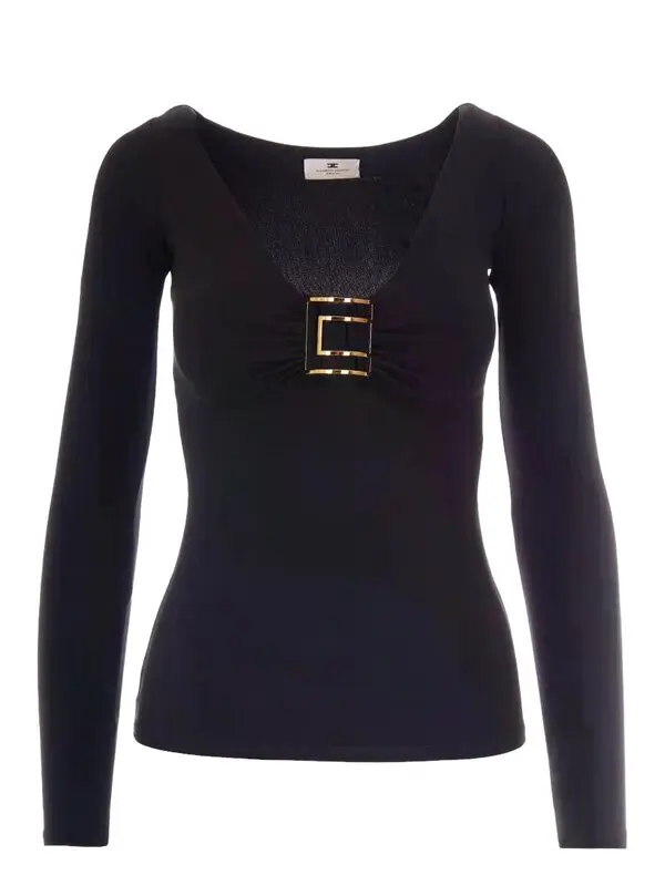 Elisabetta Franchi Jersey Top With Gold Logo Detail - Black