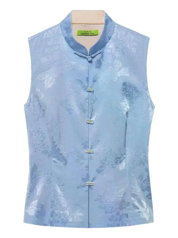 Shanghai Tang Floral Jacquard Sleeveless Mandarin Collar Top - Blue