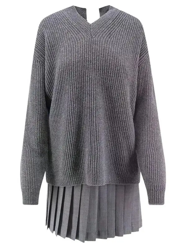 SEMICOUTURE Ribbed Knit V-neck Mini Dress With Pleated Skirt And Buckle Fastening - Grey