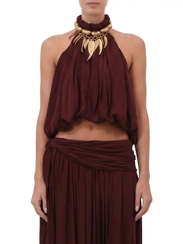 Zimmermann Cropped Silk Halterneck Top With Jewelled Collar - Wine