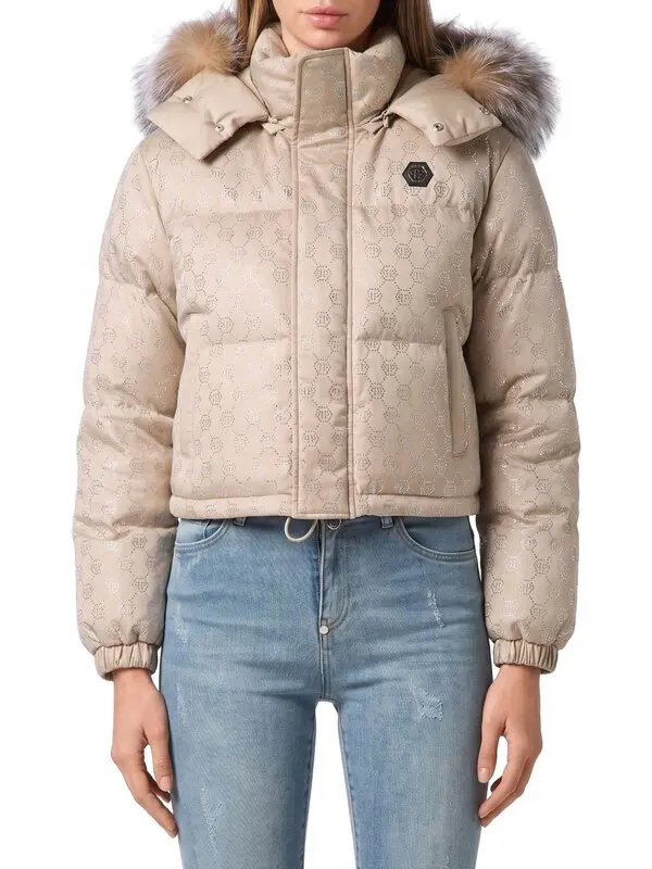 Philipp Plein Puffer Jacket With Fur Trimmed Hood - Beige