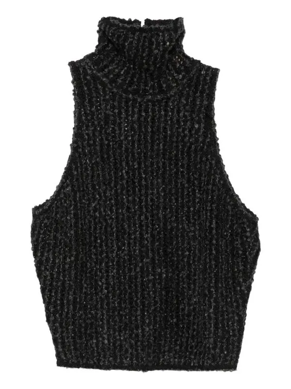 John Galliano Sleeveless High Neck Ribbed Knit Top - Black