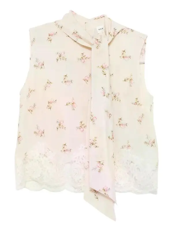 P.a.r.o.s.h Sleeveless Floral Print Lace Trim Blouse - Neutrals