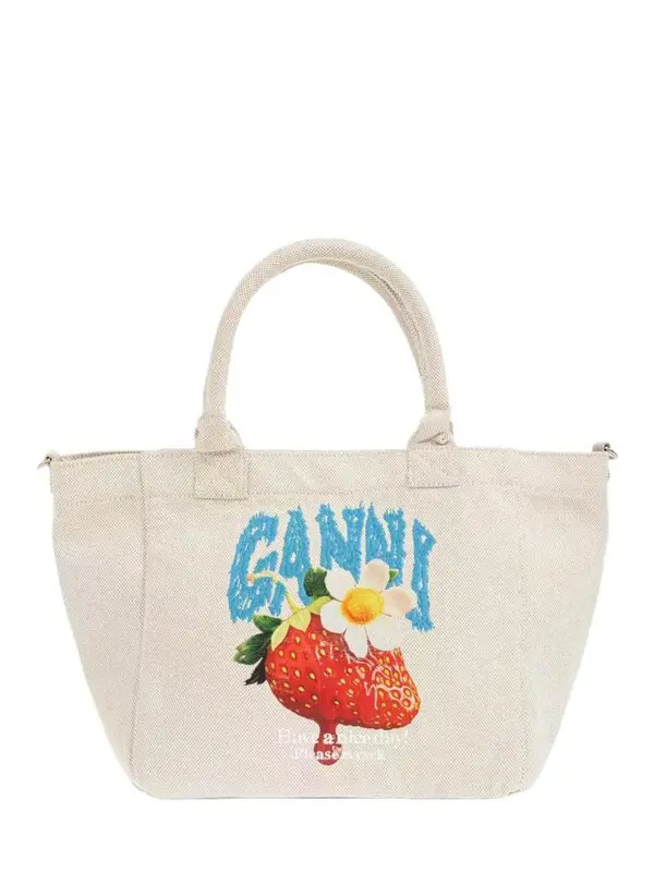 GANNI Strawberry Print Logo Embroidered Tote Bag - Neutrals
