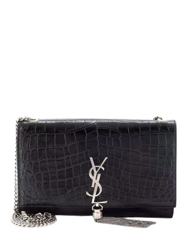 Saint Laurent Monogram Tassel Crocodile Embossed Leather Medium Crossbody Bag - Black