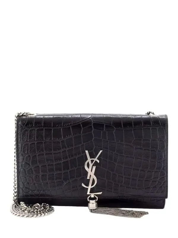 Saint Laurent Monogram Tassel Crocodile Embossed Leather Medium Crossbody Bag - Black