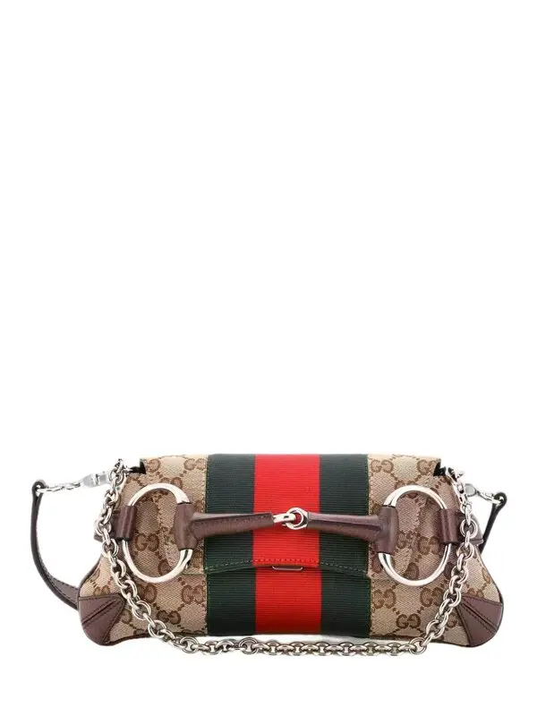 Gucci Horsebit Nm Web Chain Clutch Gg Canvas Small Shoulder Bag - Brown