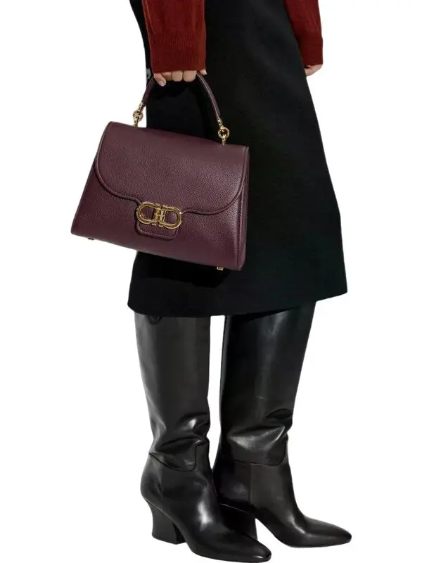 FERRAGAMO Double Gancini Leather Tote Bag - Red