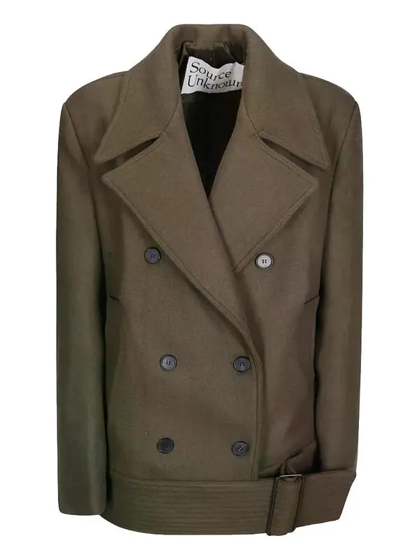 Source Unknown Belted Double-breasted Coat With Notched Lapels - Green