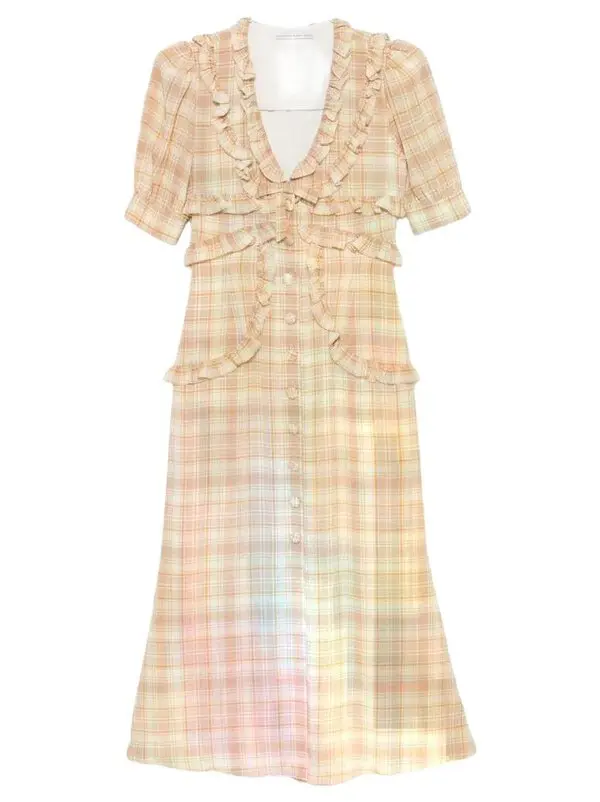 Alessandra Rich Ruffled Trim Checkered Midi Dress - Neutrals