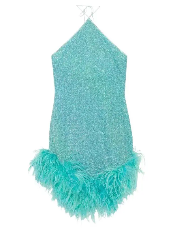 Oseree Lumiere Feather-trim Mini Dress - Blue