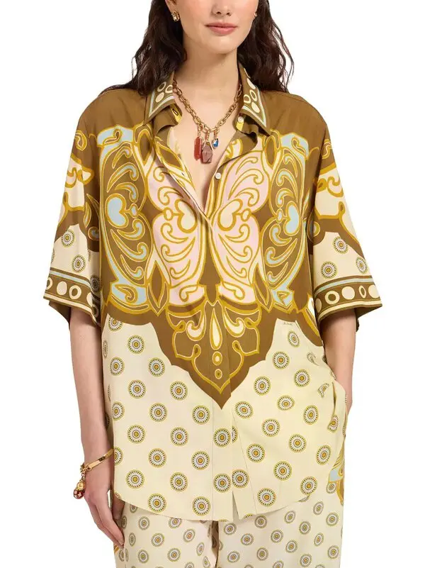 La DoubleJ Cocoon Placed Brown Viscose Voile Club Shirt - Green