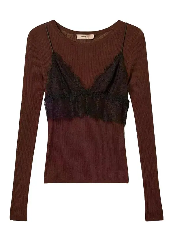 TWINSET Silk-blend Ribbed Knit Jumper With Lace Trim - Brown