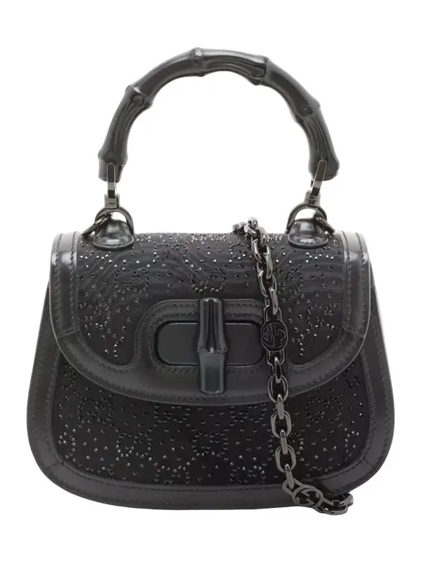 Gucci Mini Gg Nylon Crystal 1947 Bamboo Top Handle Bag - Black