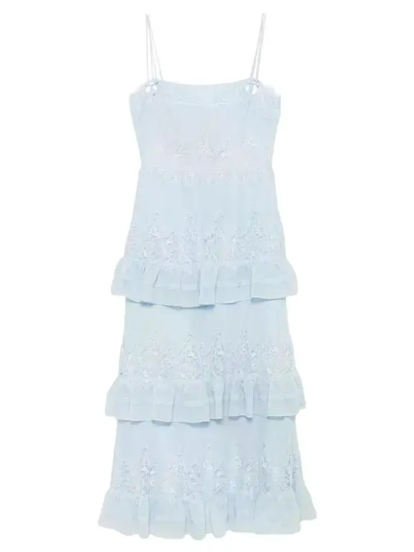 SELF-PORTRAIT Lace-trimmed Tiered Midi Dress - Blue