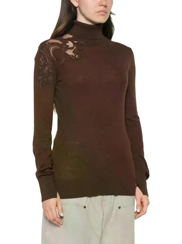 Ermanno Scervino Lace-panelled Roll-neck Fine Knit Sweater - Brown