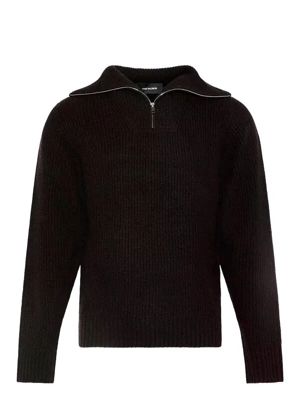 YVES SALOMON Zip-front Ribbed Knit Sweater - Brown