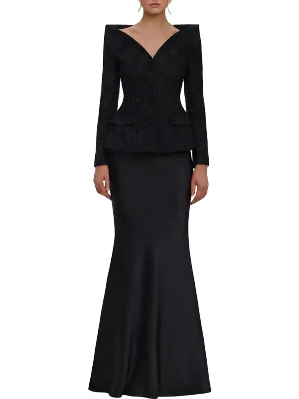 SELF-PORTRAIT Metallic Bouclé Satin Maxi Dress - Black