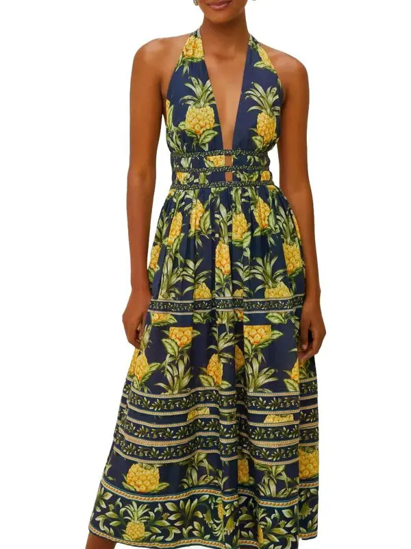 Farm Rio Pineapple Print Halterneck Mini Dress - Blue