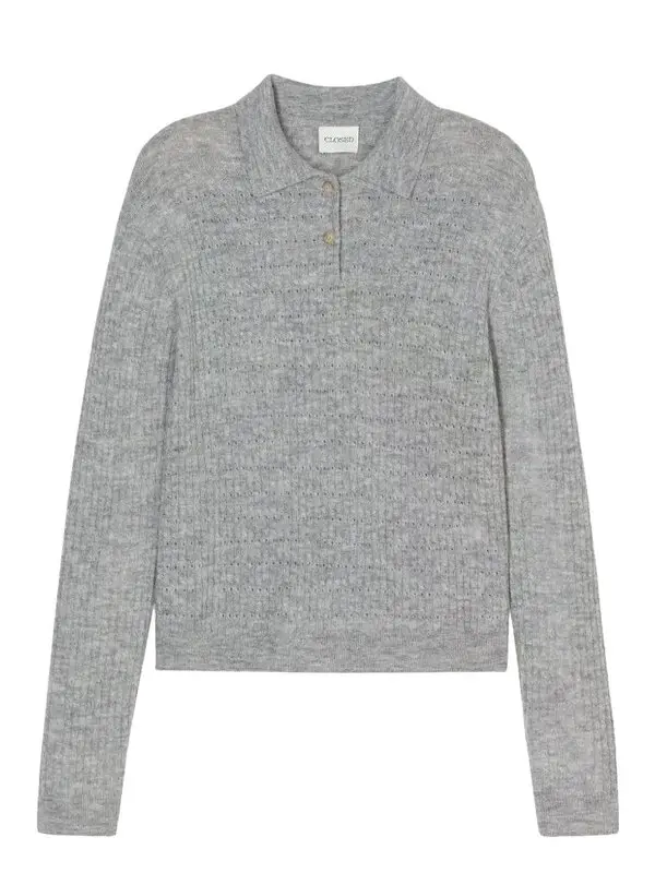 Closed Ribbed Knit Long-sleeve Polo Shirt - Grey