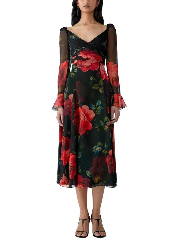 Carolina Herrera Rose-print Silk Midi Dress - Black