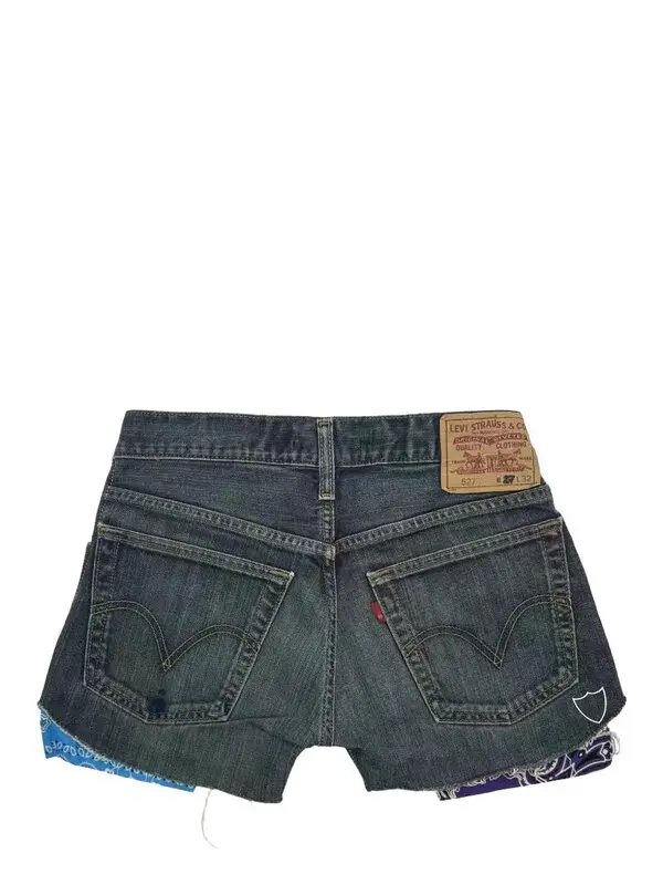 HTC LOS ANGELES Distressed Denim Shorts With Paisley Bandana Inserts - Blue
