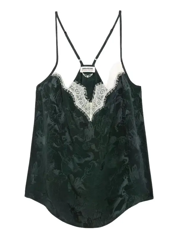 Zadig&Voltaire Cespa Jac Horses Camisole" Black Silk Horse-jacquard V-neck Lace Trim Camisole - Green