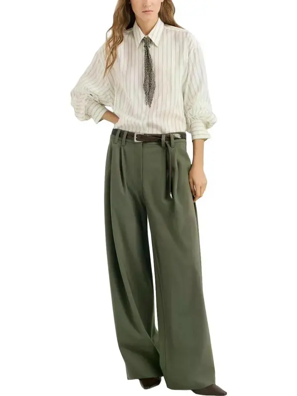 Brunello Cucinelli Tropical Wool Tailored Trousers With Monili Detail - Green