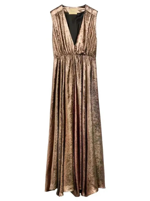 Momoni Sleeveless Maxi Dress With V-neck And Laminated Finish - Gold
