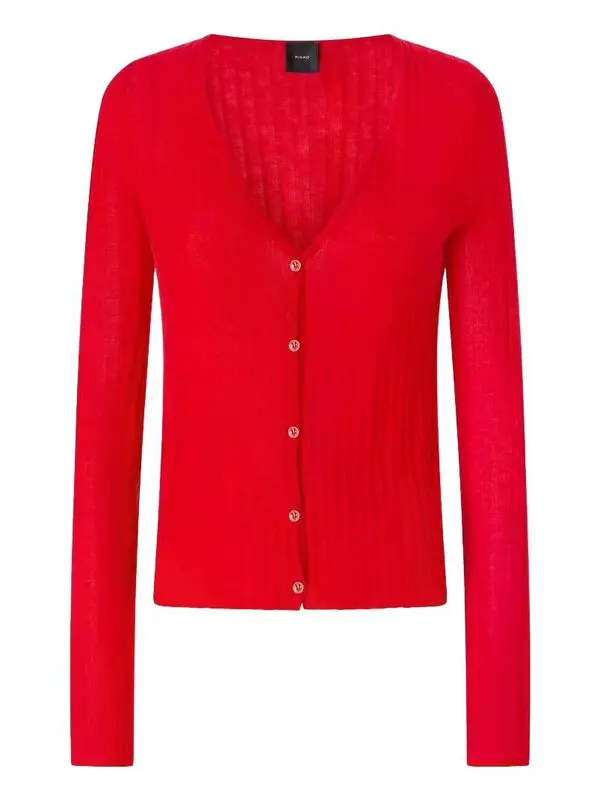 Pinko Ribbed Wool V-neck Cardigan With Button Detail - Red