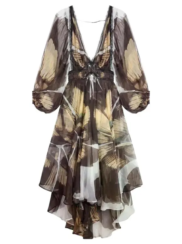 MES DEMOISELLES Butterfly Print Lace-trimmed Long Dress - Brown