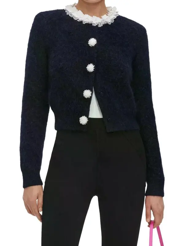 SELF-PORTRAIT Navy Flower Pearl-trim Knit Jumper - Blue