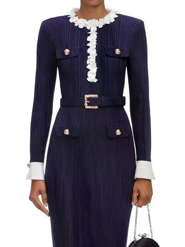 SELF-PORTRAIT Navy Flower Rib-knit Midi Dress - Blue