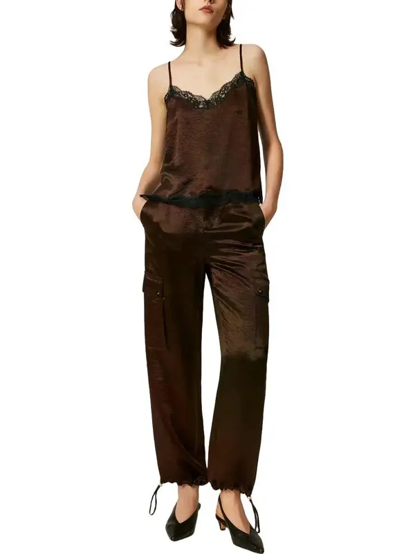 TWINSET Froissé Satin Cargo Trousers - Brown