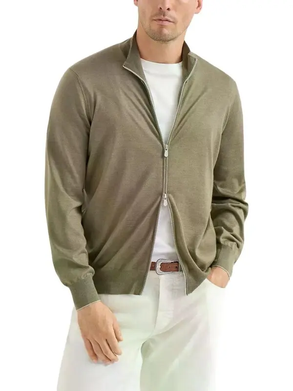 Brunello Cucinelli Cashmere And Silk Lightweight Zipper Cardigan - Green